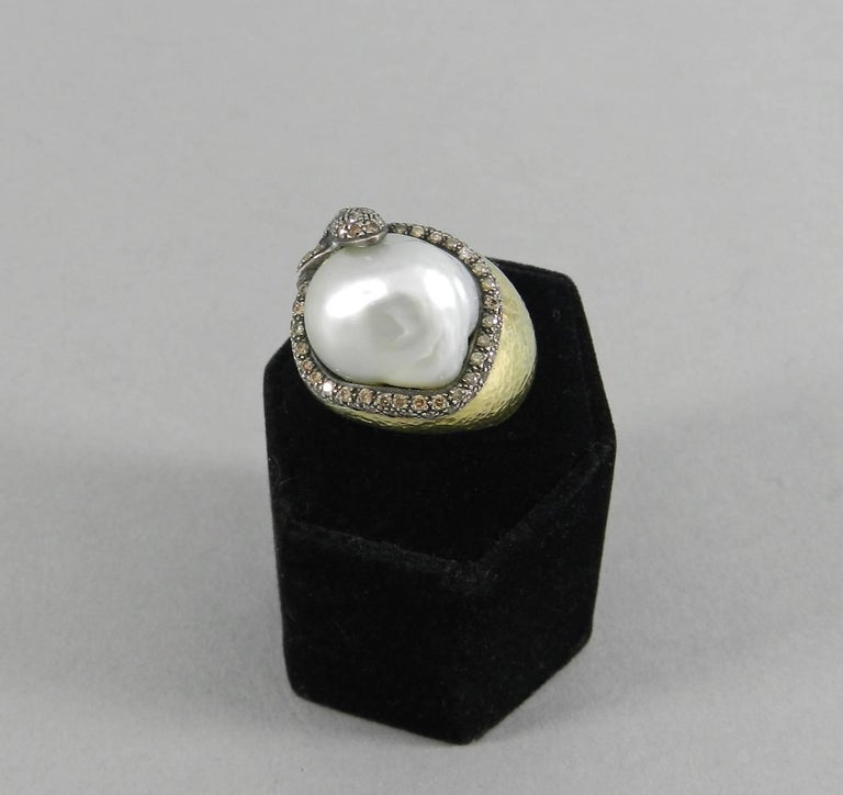 18 Karat Gold Baroque South Sea Pearl Diamond Snake Ring For Sale at ...