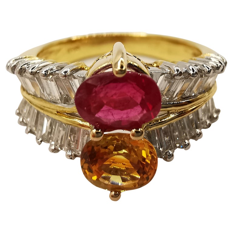 Vintage Oval Red Ruby and Golden Citrine Baguette Diamond Ring in 20K ...