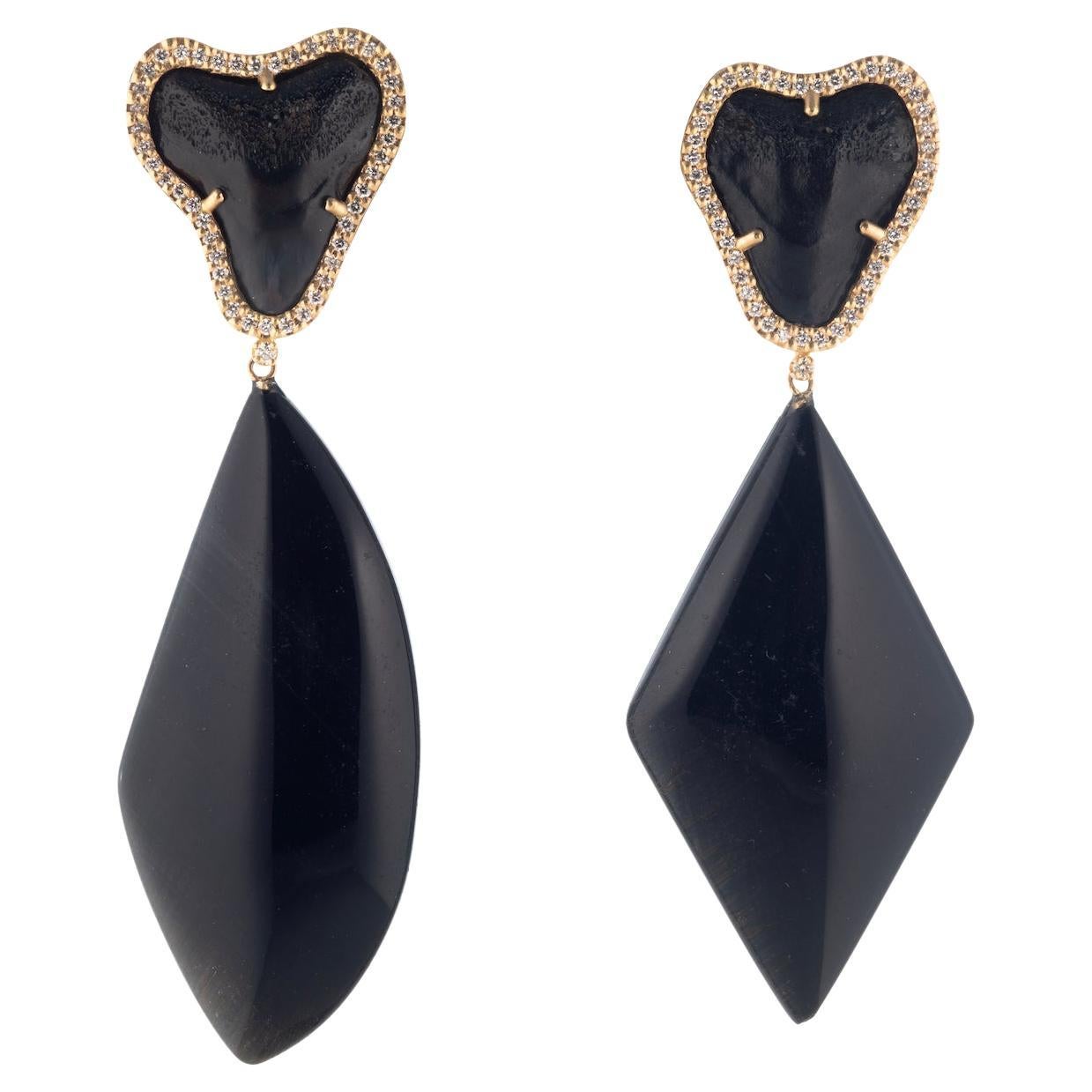 18K Kingman Turquoise and Black Diamond Drop Earrings For Sale at 1stDibs