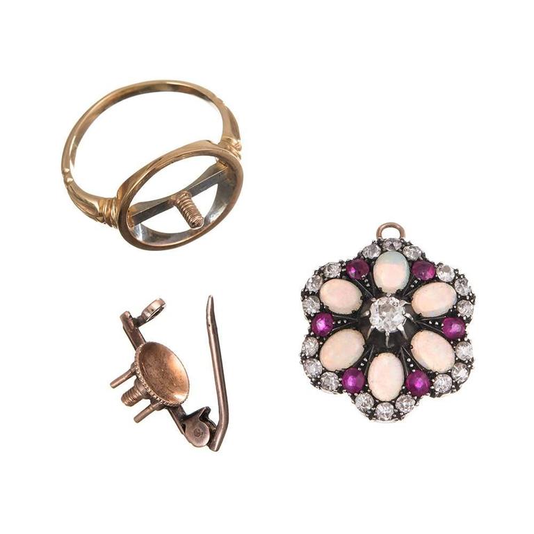 Convertible Victorian Opal Ruby Diamond Silver Gold Ring Pendant at ...