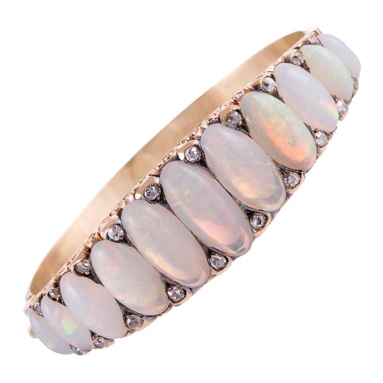 Extra-Large Victorian 30 Carat Opal and Diamond English Carved Bangle ...
