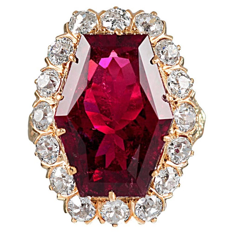 11 Carat Hexagonal Lozenge Rubellite and Diamond Ring at 1stDibs
