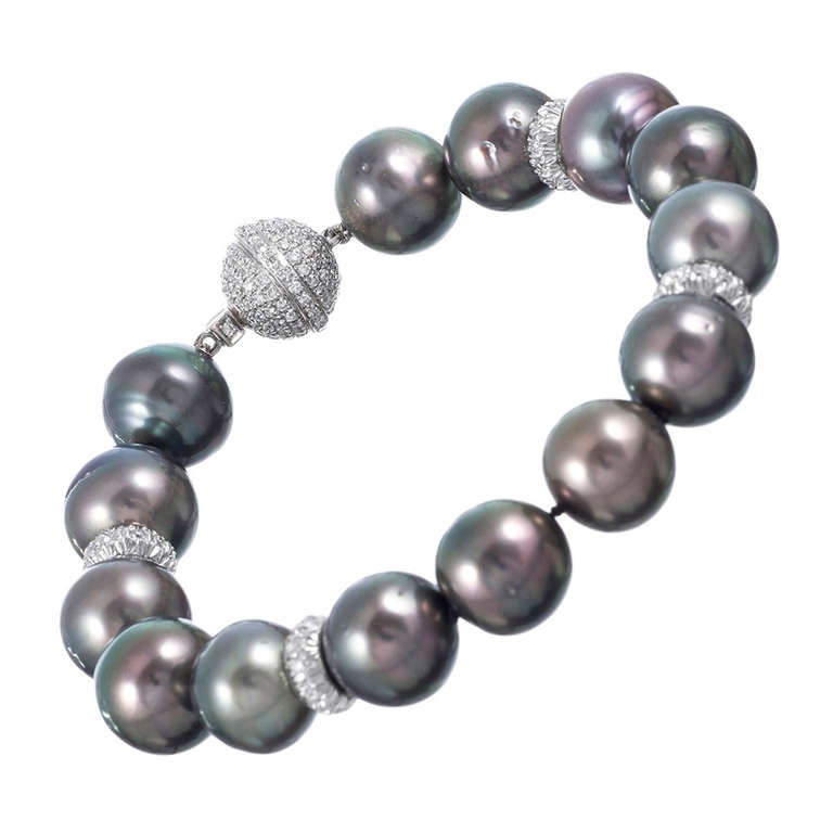 Assael 13.5mm Tahitian South Sea Pearl and Diamond Bracelet at 1stDibs