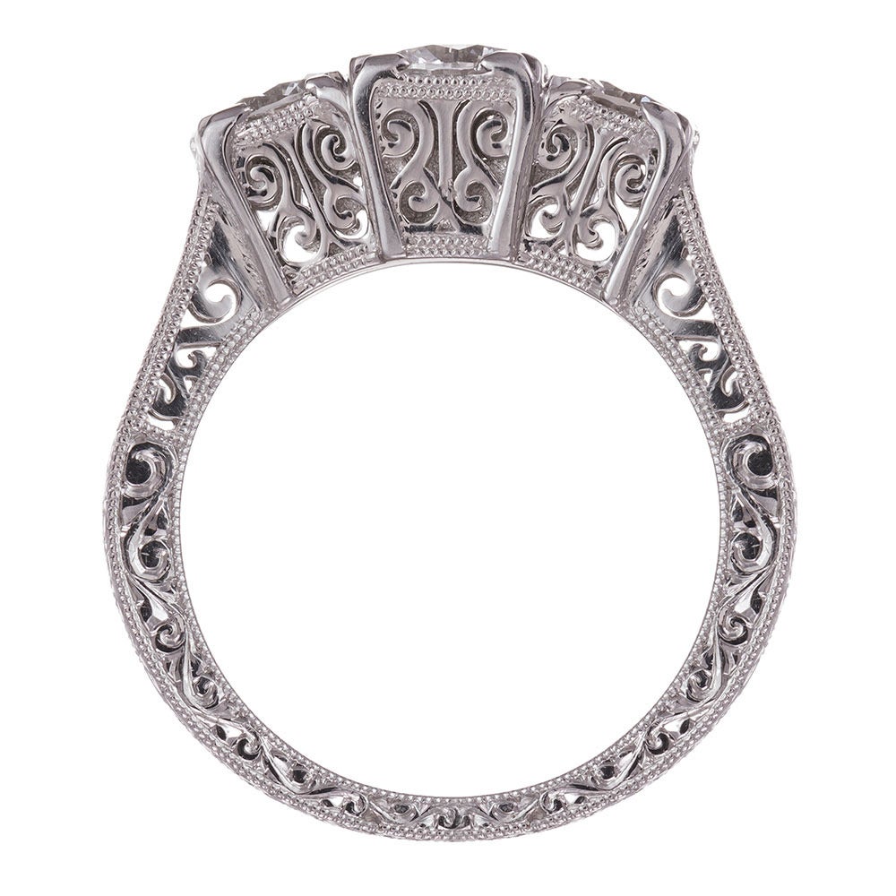 Three-Stone Diamond Platinum Filigree Ring at 1stDibs