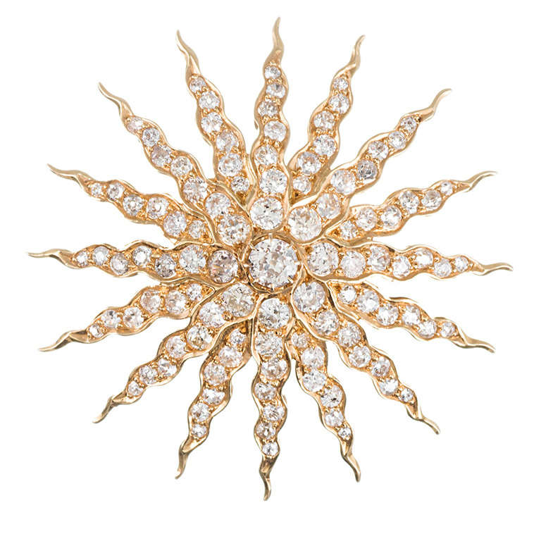 Golden Old European Cut Diamond Starburst Pin/Pendant at 1stDibs