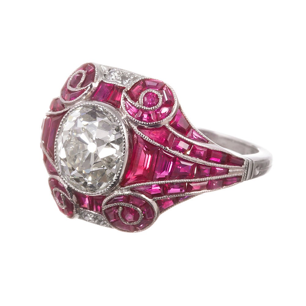 Art Deco 2.25 Carat Old European Cut Diamond Ruby Ring at 1stDibs