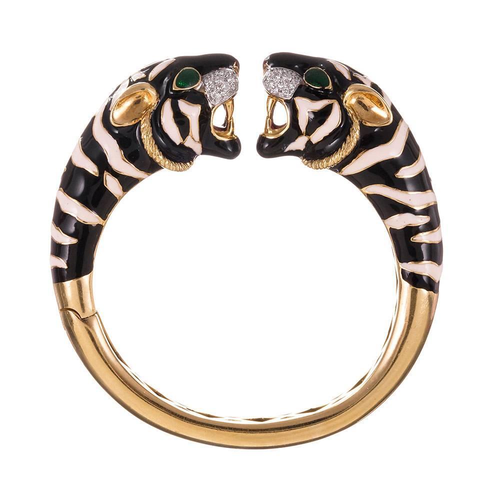 1970s Enamel Diamond Gold Tiger Cuff Bracelet For Sale at 1stdibs