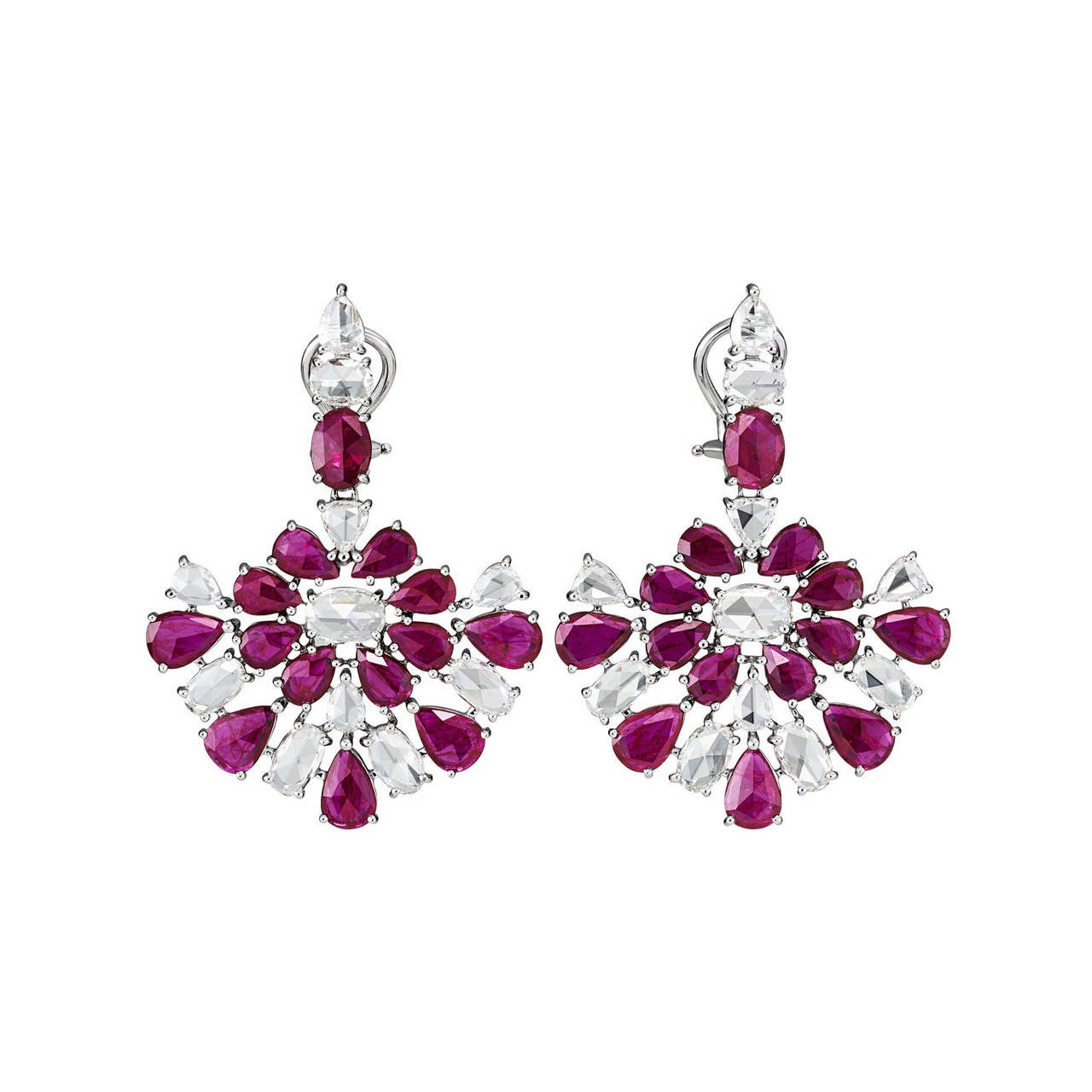 Breathtaking ruby diamond Gold fan motif drop earrings at 1stDibs