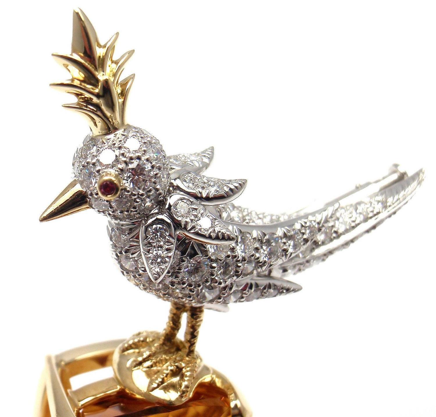 Tiffany and Co. Schlumberger Citrine Diamond Gold Bird on a Rock Brooch ...