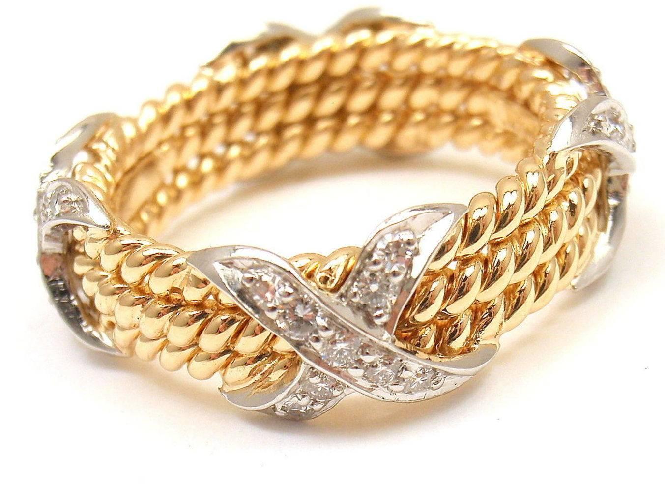 Tiffany and Co. Jean Schlumberger Three Row Diamond Gold Rope Band Ring ...