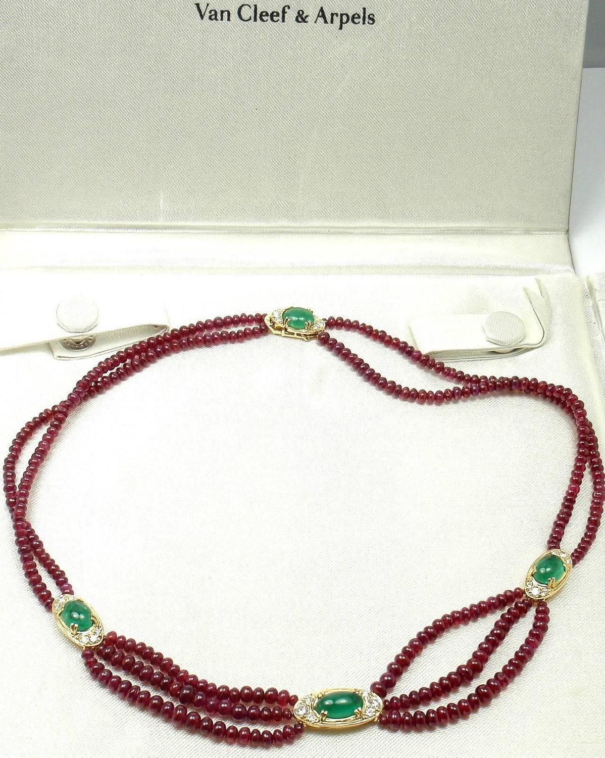 Van Cleef and Arpels Ruby Bead Emerald Diamond Gold Necklace For Sale ...
