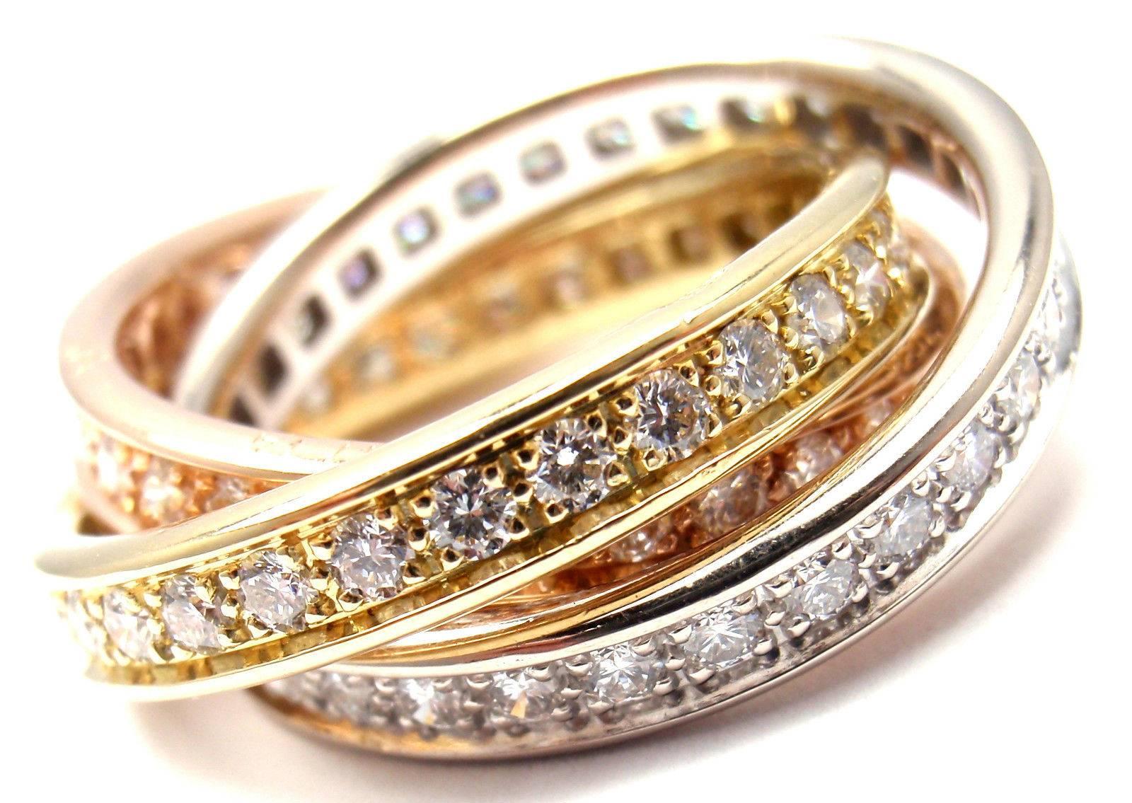 Cartier Trinity Diamond Tri-Color Gold Band Ring at 1stDibs