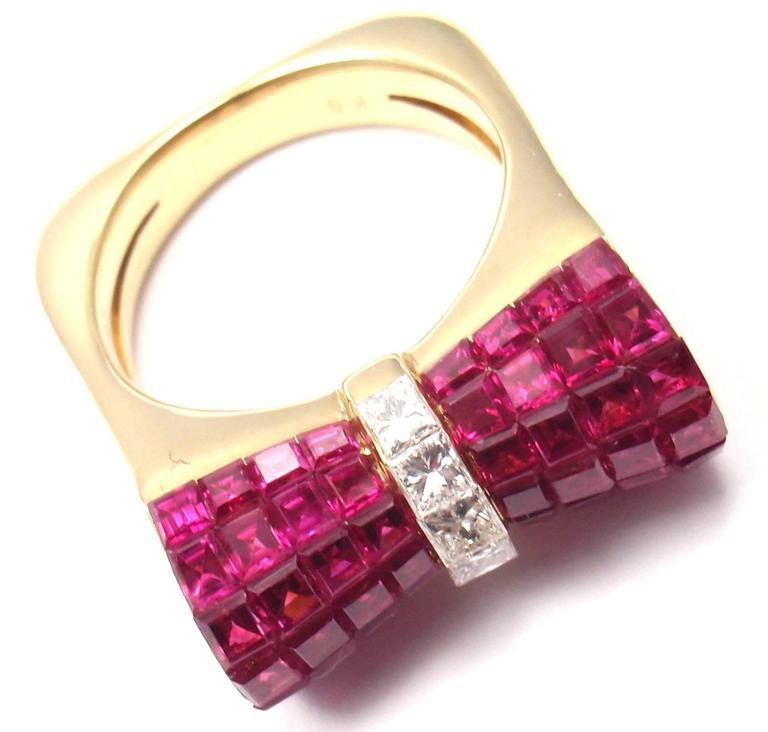 Diamond Ruby Invisible Setting Bow Yellow Gold Ring at 1stDibs ...