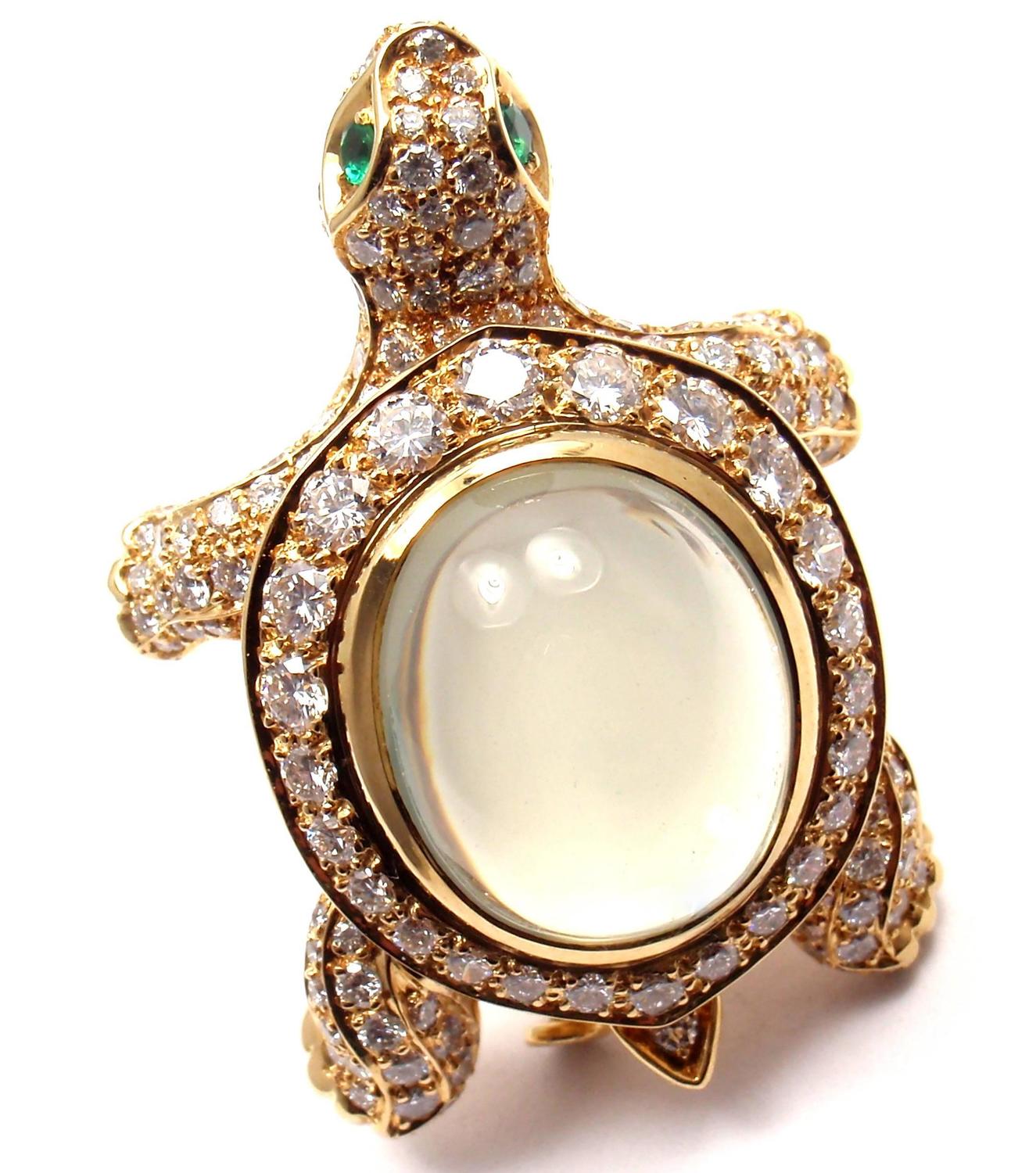 Cartier Turtle Diamond Moonstone Emerald Yellow Gold Pin Brooch For ...