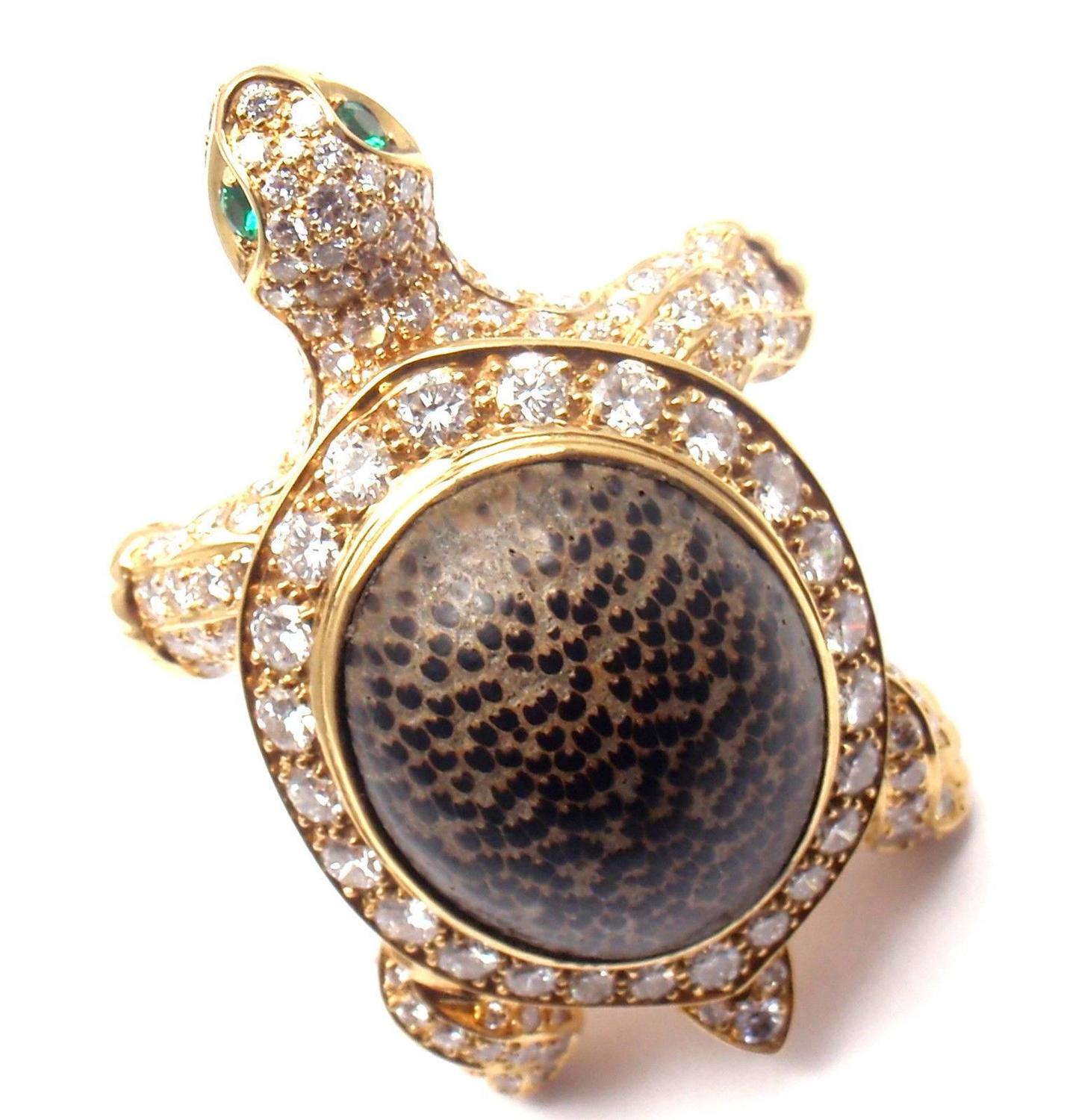Cartier Turtle Diamond Fossil Jasper Large Pin Brooch For Sale at 1stdibs