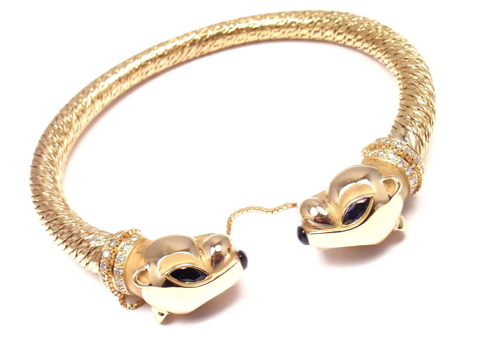 Cartier Panther Panthere Diamond Sapphire Yellow Gold Bangle Bracelet ...