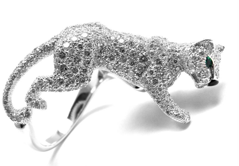 Cartier Panther Panthere Pave Diamond Emerald Onyx White Gold Ring at ...