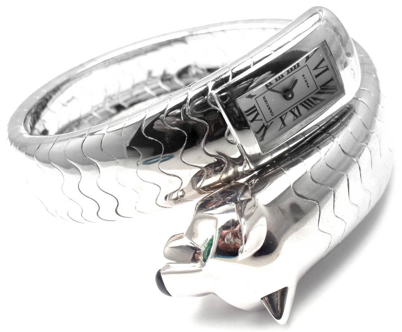 Cartier White Gold Diamond Emerald Panther Bangle Watch at 1stDibs ...