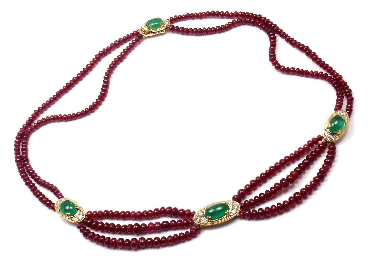 Van Cleef and Arpels Ruby Bead Emerald Diamond Gold Necklace For Sale ...