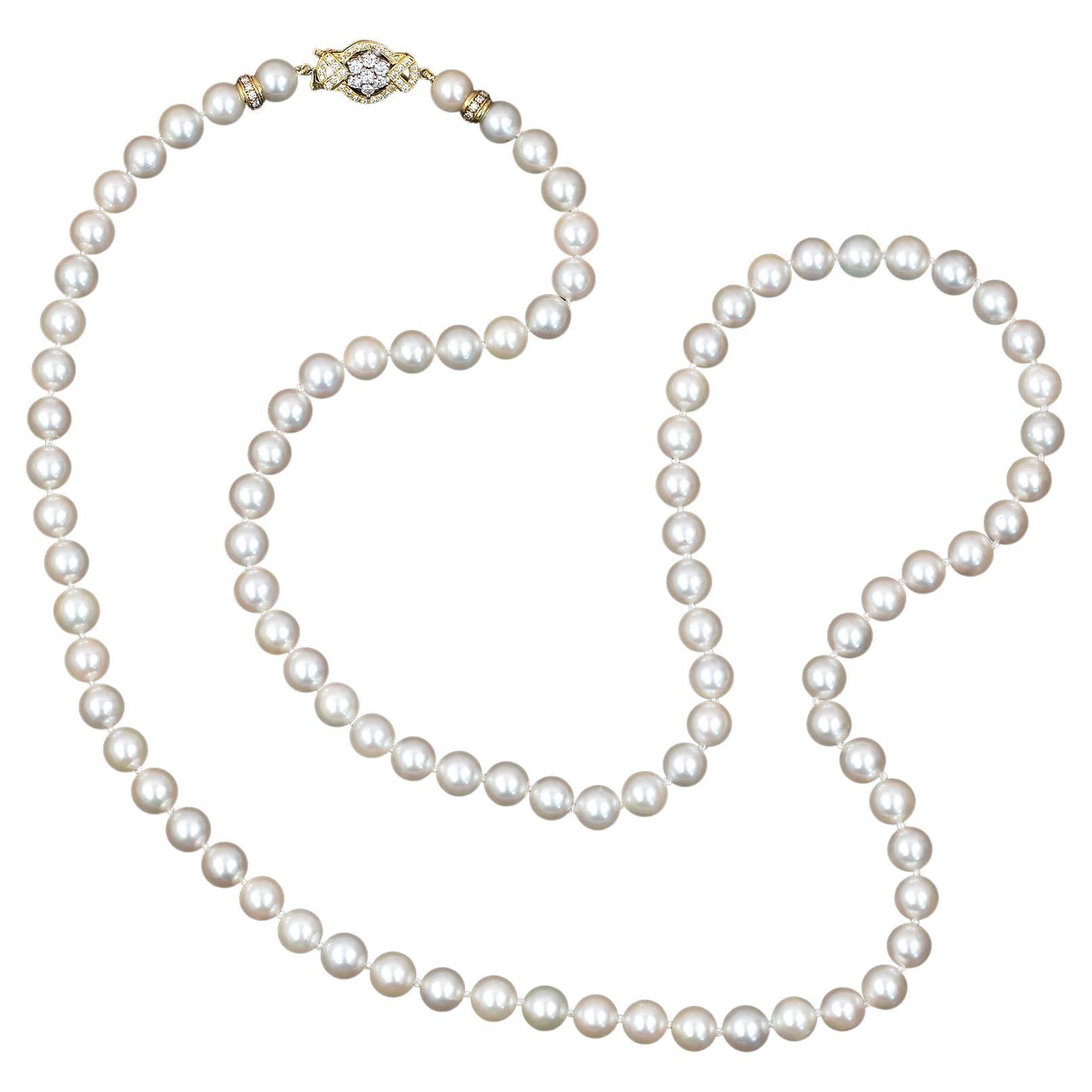 Opera Length Pearl and Diamond Gold Chain Necklace For Sale at 1stDibs
