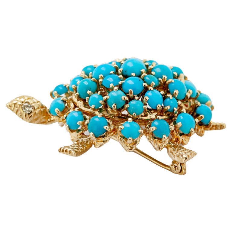 Turquoise, Diamond, Yellow Gold Turtle Brooch For Sale at 1stDibs