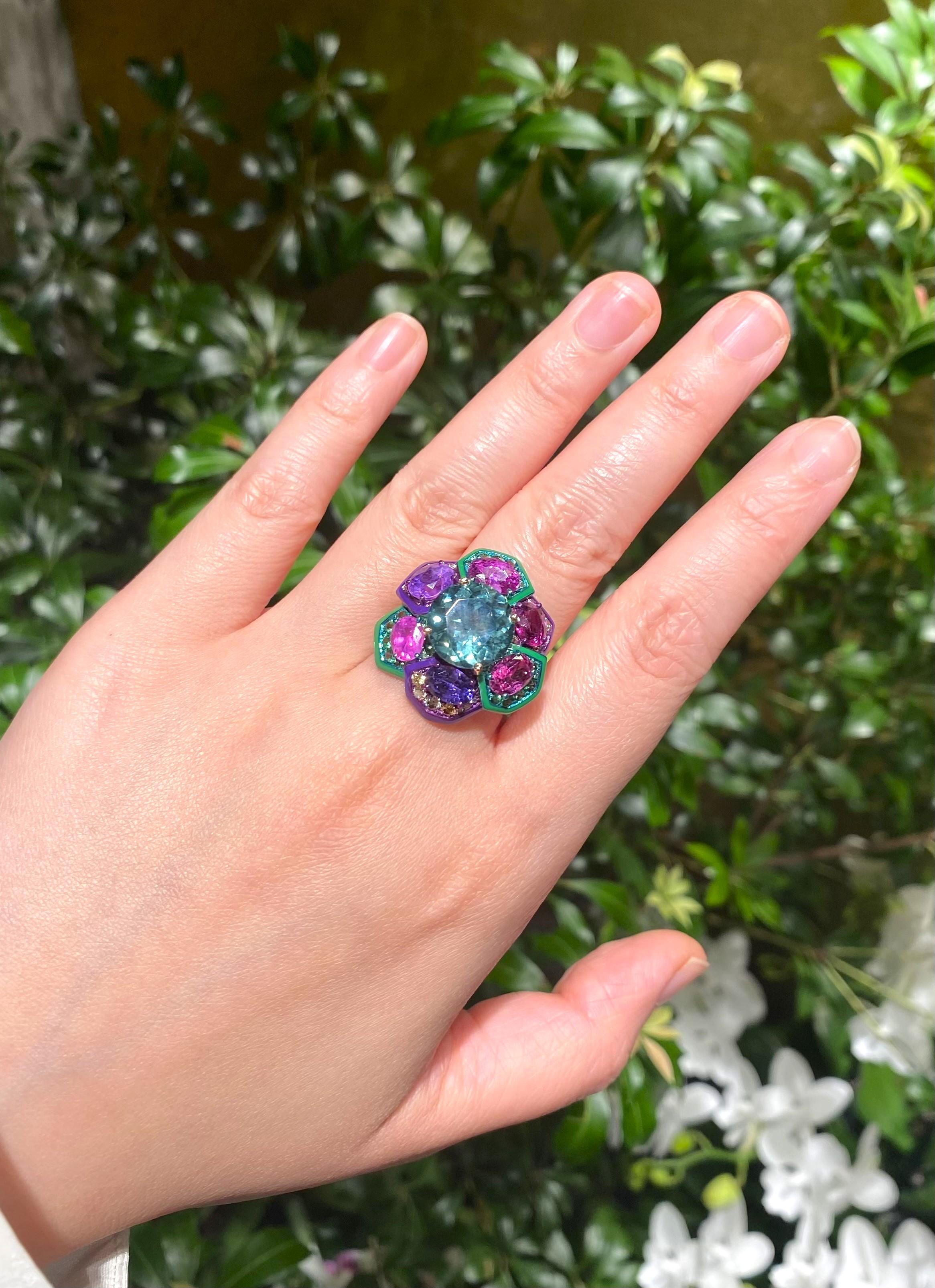 Blue Tourmaline, Color Sapphire, Tsavorite and Diamond Ring, 18K Gold, Austy Lee For Sale at ...