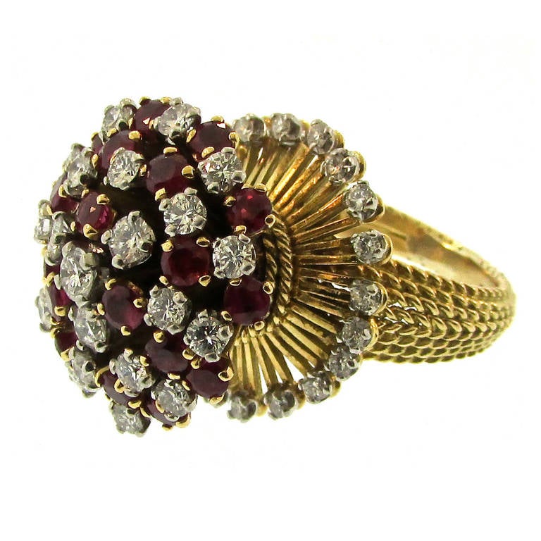 French Ruby Diamond Gold Spray Ring at 1stDibs