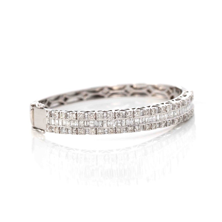10k White Gold Channel Set Baguette& Round Diamonds Oval Bangle ...