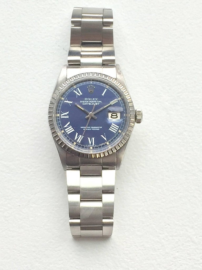 Rolex Stainless Steel Blue Buckley Dial Datejust Wristwatch at 1stDibs ...