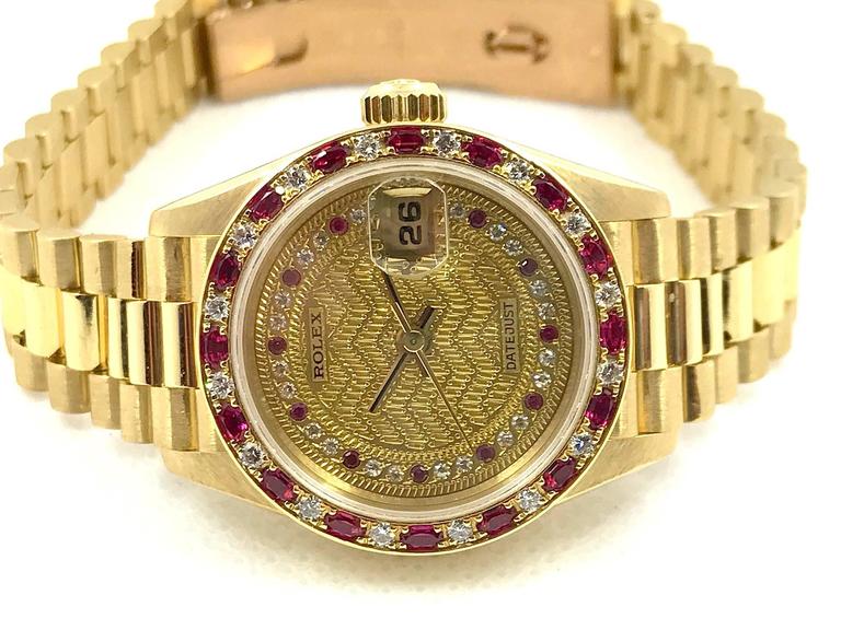 Rolex Yellow Gold Diamond Ruby Datejust Wristwatch at 1stDibs