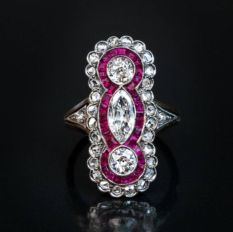 Antique Russian Diamond Ruby Long Ring at 1stDibs