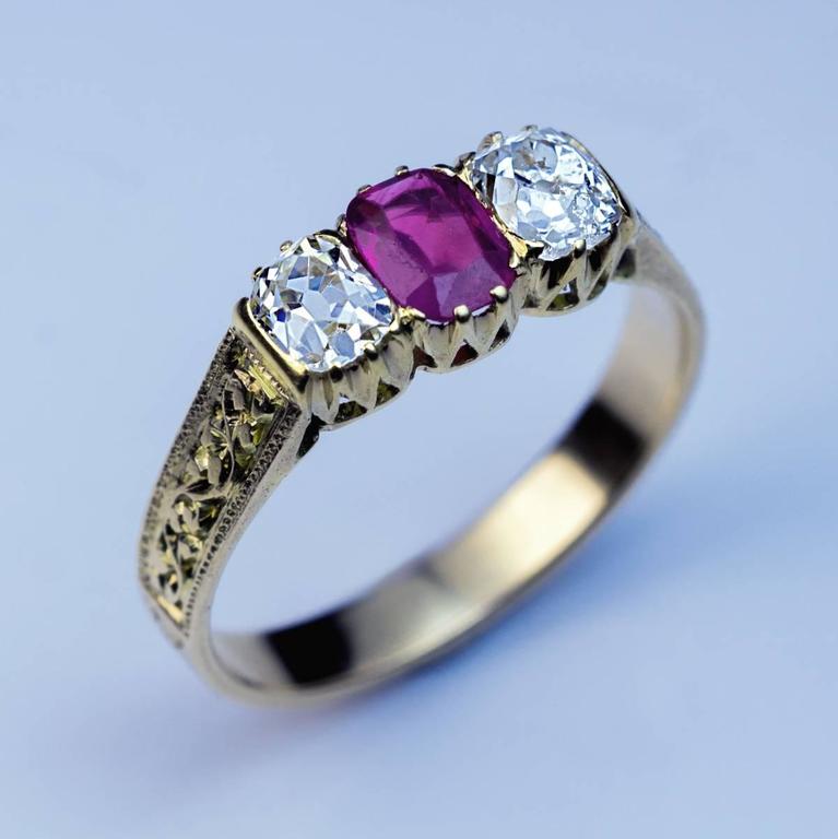 Antique Victorian Three-Stone Ruby Diamond Carved Gold Ring at 1stDibs