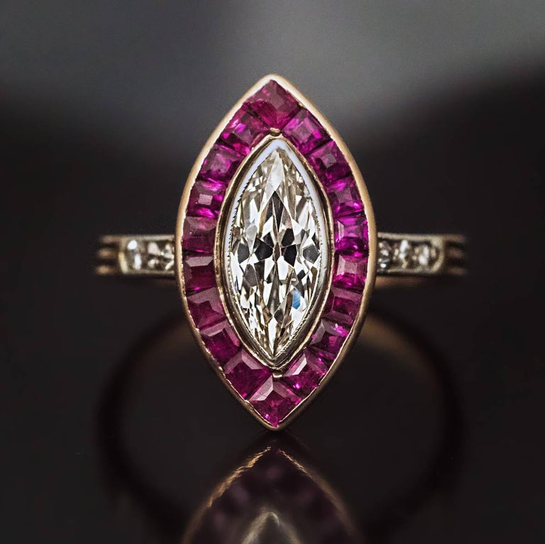 Antique Marquise Shape Diamond Ruby Engagement Ring For Sale at 1stDibs ...