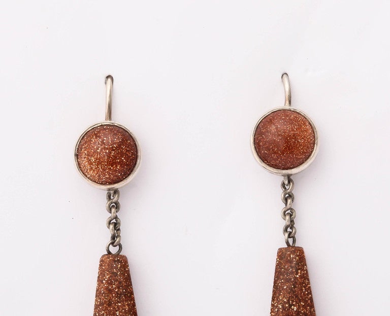Sparkling Sterling Goldstone Pendant Earrings For Sale at 1stDibs