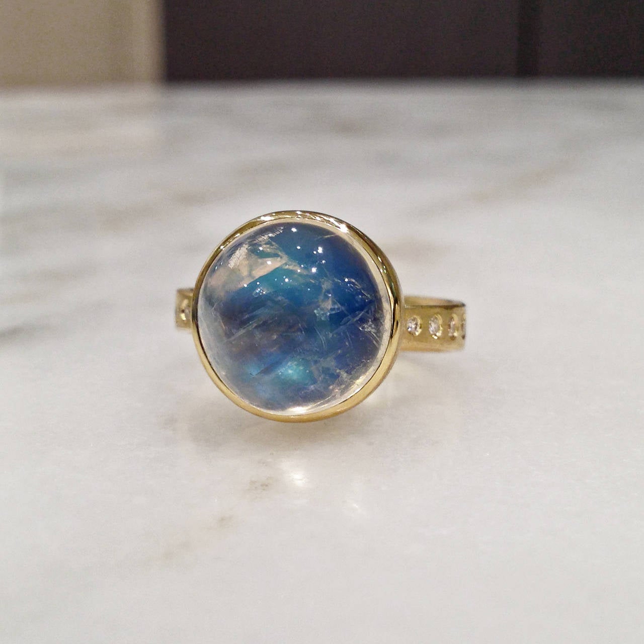 Robin Waynee Blue Moonstone White Diamond Gold Button Ring at 1stDibs ...