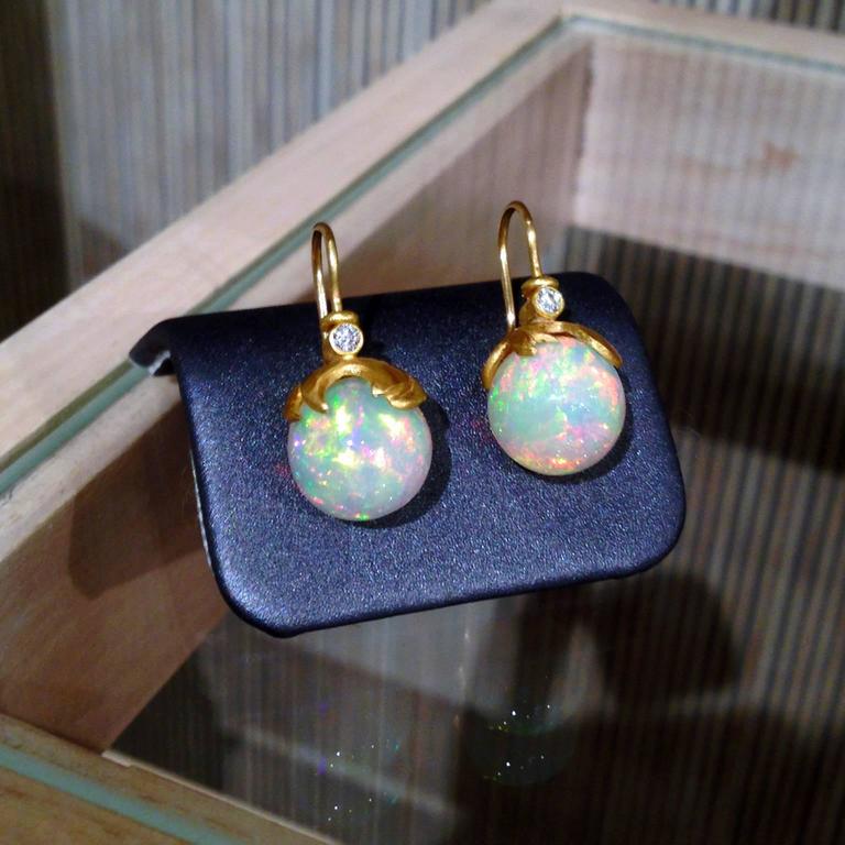 Lilly Fitzgerald Handcarved Opal Sphere Diamond Gold Drop Earrings at ...