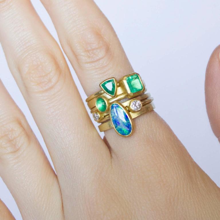 Petra Class Emerald Opal Diamond Gold Handmade Stacking Rings For Sale ...
