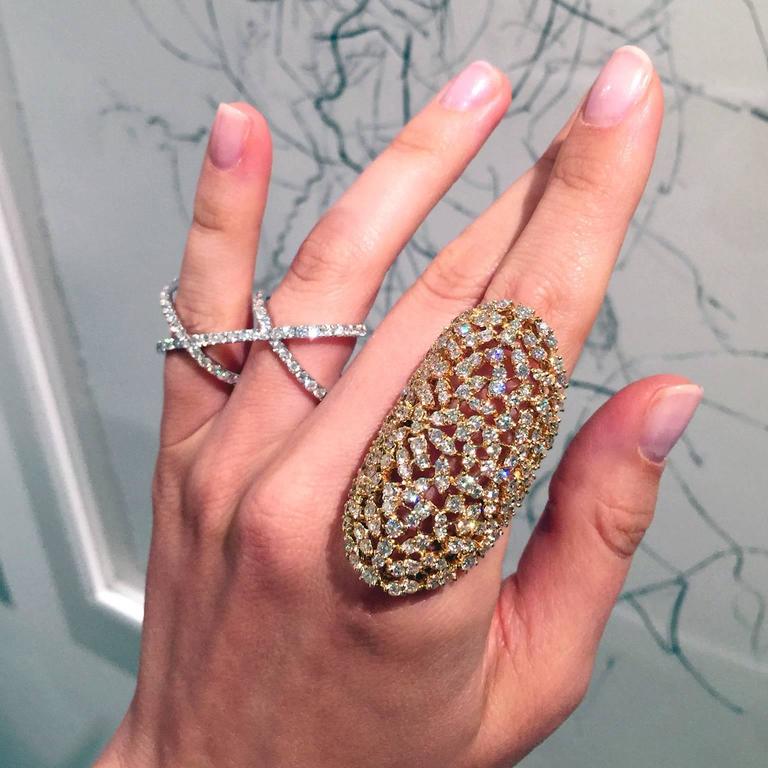 White Diamond Curved Sleeve Handmade Polished Gold Ring For Sale at 1stDibs