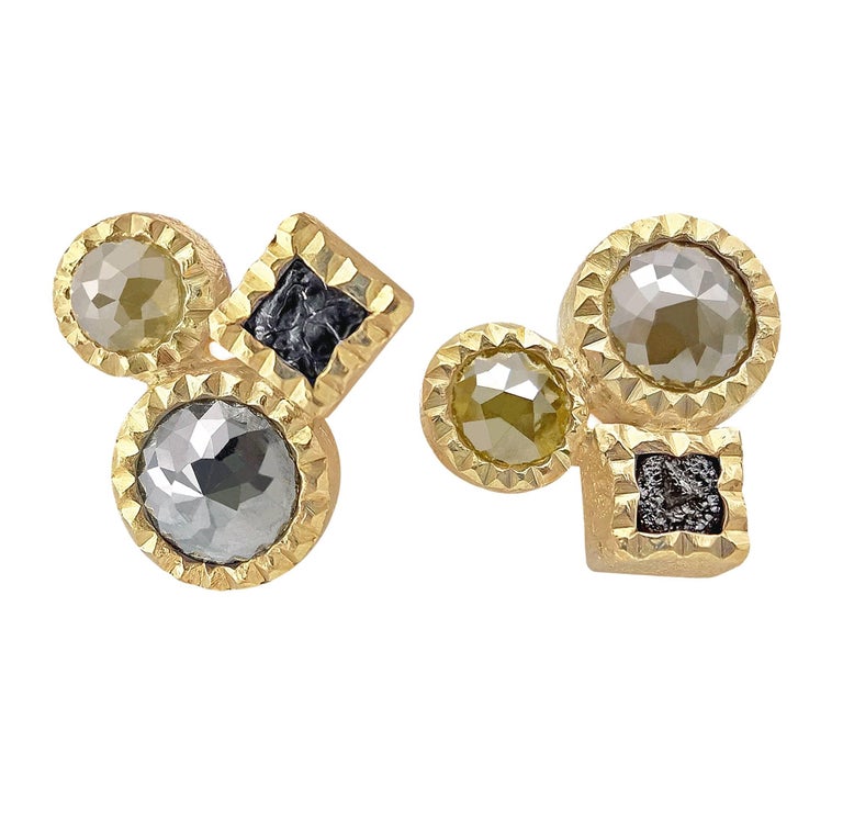 Todd Reed Rose Cut and Raw Diamond Cube Mismatched Triple Stud Earrings ...