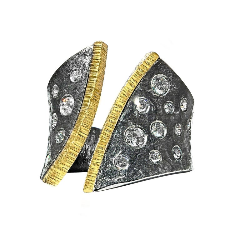 Diamond Oxidized Silver Yellow Gold Open Cyclone Band Ring at 1stDibs