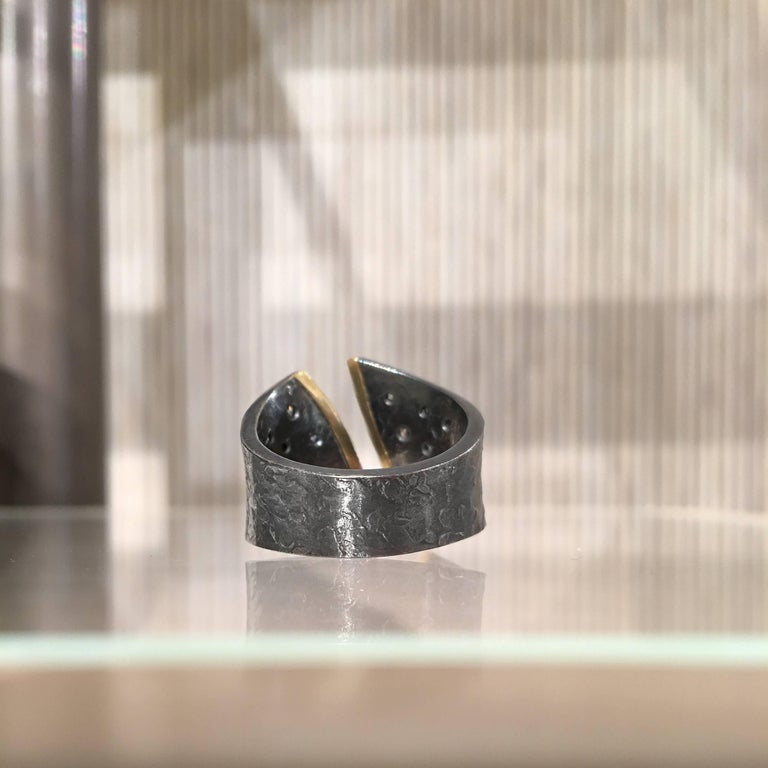 Diamond Oxidized Silver Yellow Gold Open Cyclone Band Ring at 1stDibs