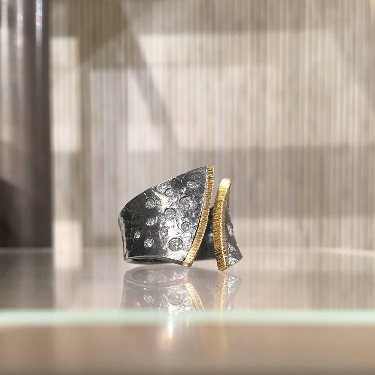 Diamond Oxidized Silver Yellow Gold Open Cyclone Band Ring at 1stDibs