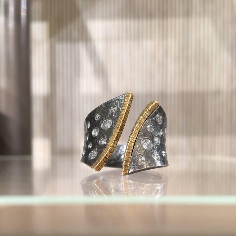 Diamond Oxidized Silver Yellow Gold Open Cyclone Band Ring at 1stDibs