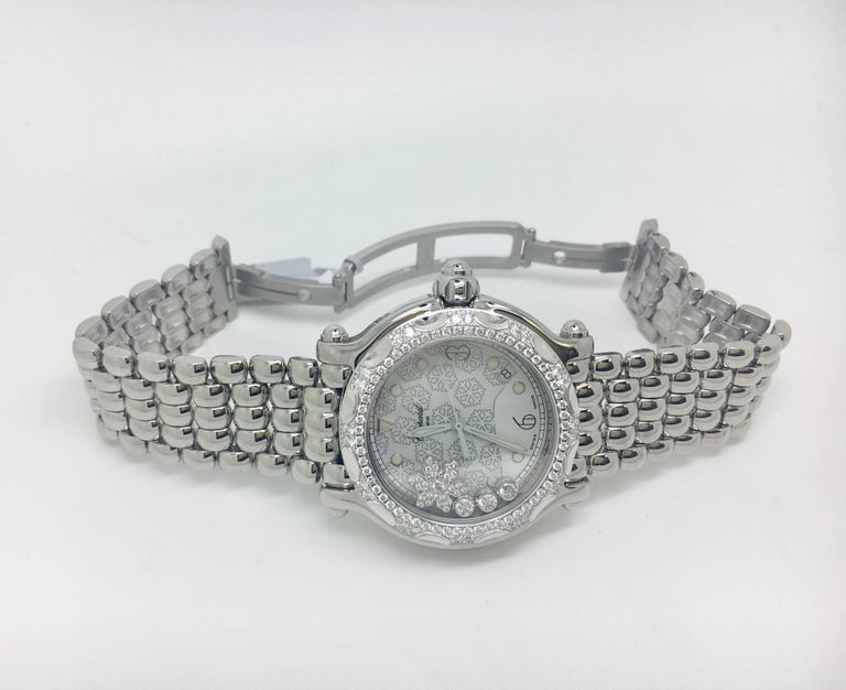 Chopard stainless steel Happy Sport Diamond Snowflake Quartz Wristwatch ...