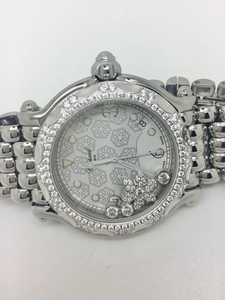 Chopard stainless steel Happy Sport Diamond Snowflake Quartz Wristwatch ...