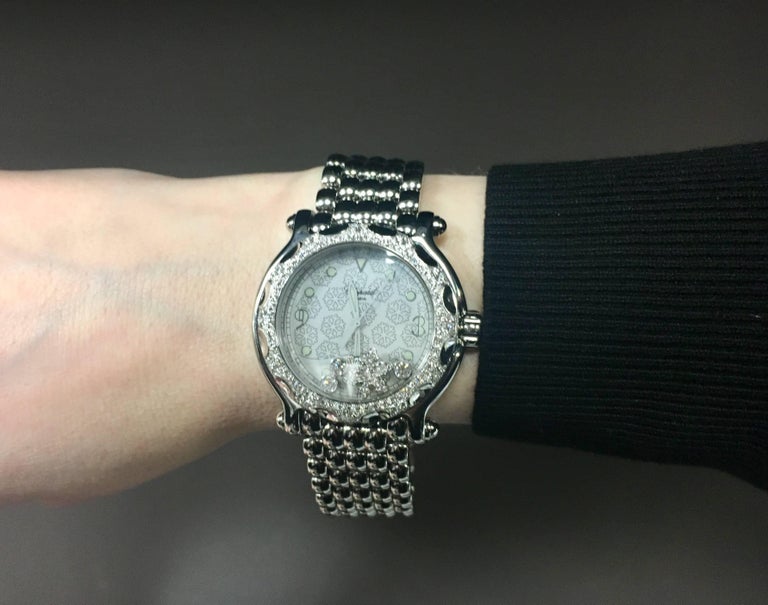 Chopard stainless steel Happy Sport Diamond Snowflake Quartz Wristwatch ...