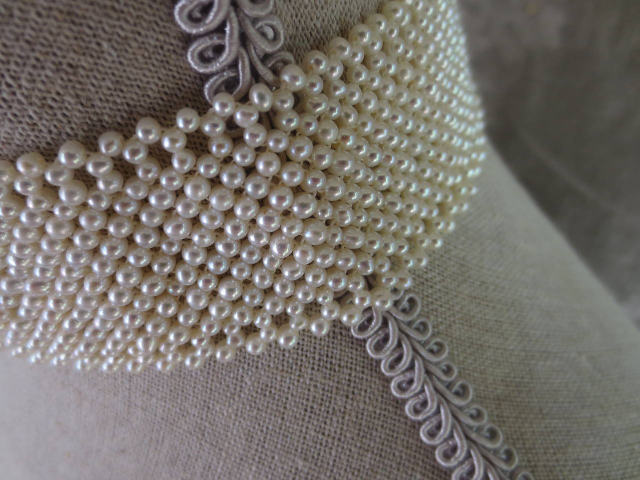 Woven White Pearl Choker Necklace With 14 K Yellow Gold Clasp For Sale
