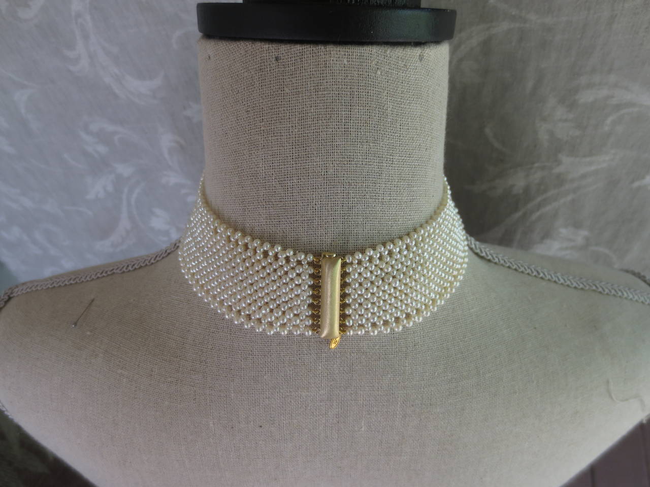 Woven White Pearl Choker Necklace With 14 K Yellow Gold Clasp For Sale