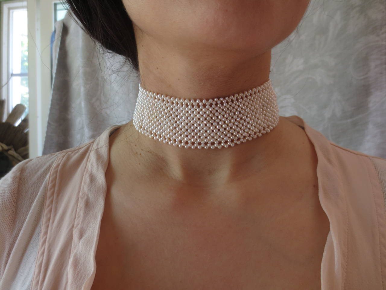 Woven White Pearl Choker Necklace With 14 K Yellow Gold Clasp For Sale