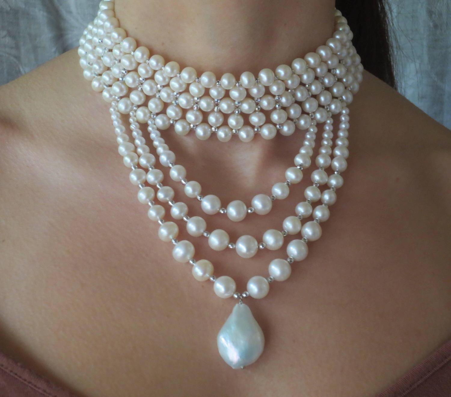 Woven Pearl Draped Choker with Sliding Clasp and Large Baroque Pearl ...